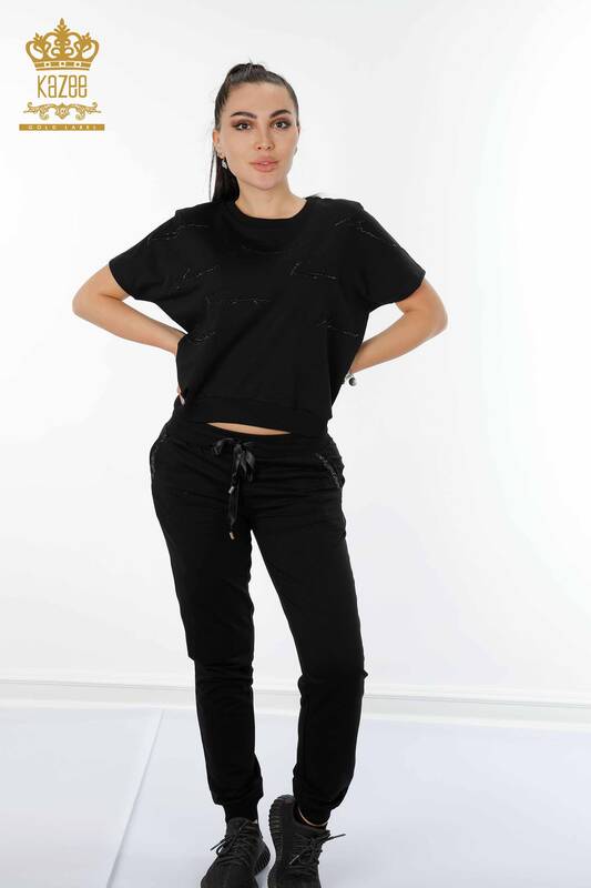 Set de trening pentru femei negru cu broderie cu piatra - 17423 | KAZEE