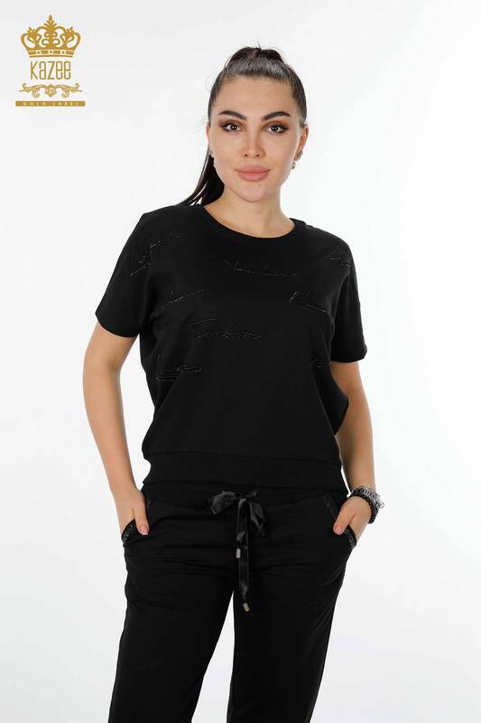 Set de trening pentru femei negru cu broderie cu piatra - 17423 | KAZEE