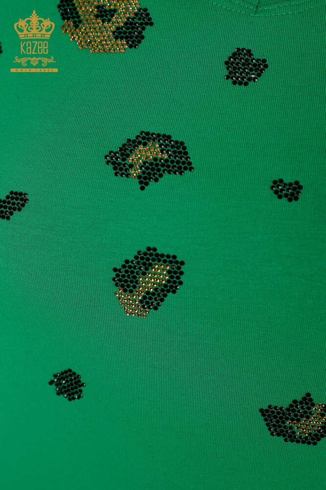 Wholesale Women's Blouse Leopard Stone Embroidered Green - 79047 | KAZEE