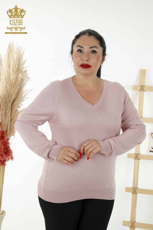 Wholesale Women's Knitwear Sweater - Basic - With Logo - Powder - 30181 | KAZEE