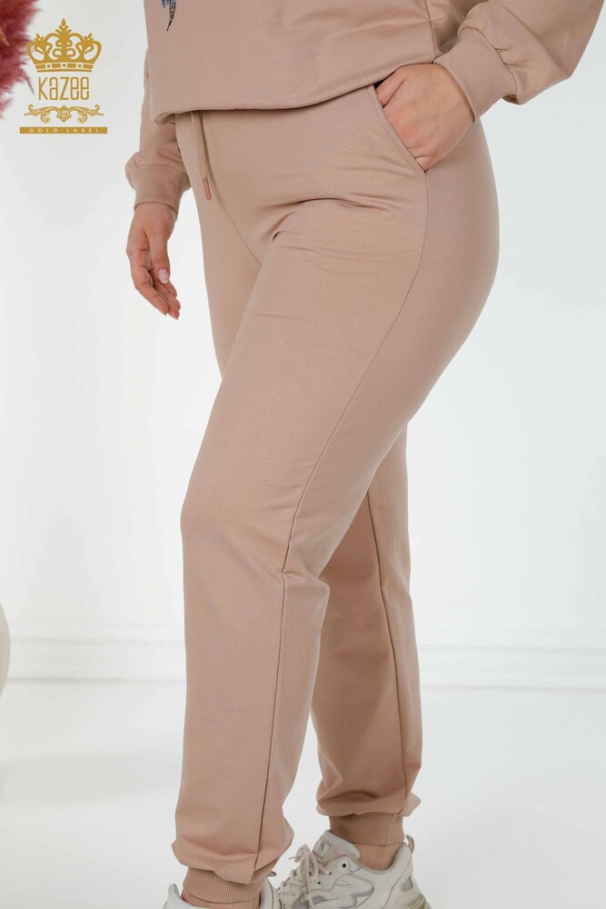 Wholesale Women's Tracksuit Set Stone Embroidered Beige - 17480 | KAZEE